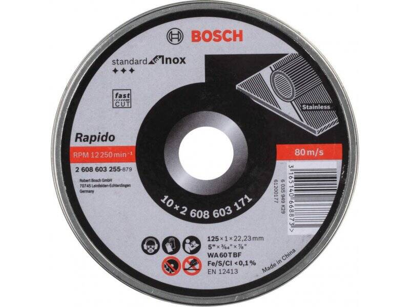 BOSCH REZNA PLOČA RAVNA STANDARD FOR INOX – RAPIDO WA 60 T BF, 125×1,0 MM PAKOVANJE OD 10 KOMADA – 2608603255