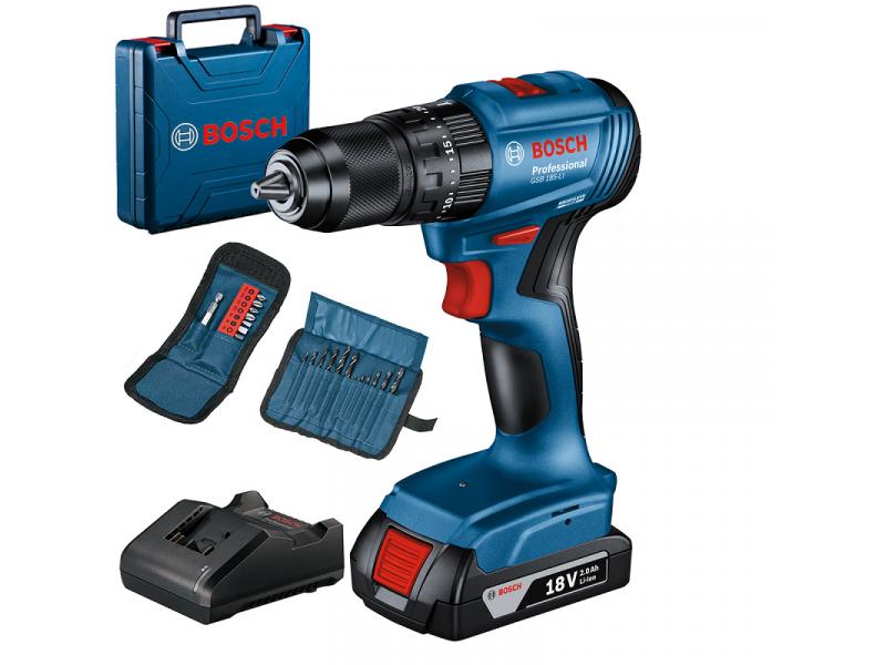 BOSCH GSB 185-LI AKUMULATORSKA VIBRACIONA BUŠILICA – ODVRTAČ 18V, 1×2,0 AH + 23-DELNI SET PRIBORA U KOFERU 06019K3102