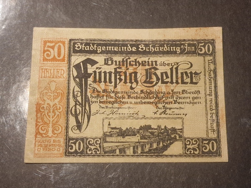 Austrija 50 Hellerab1920 Schärding am Inm aUNC RRR