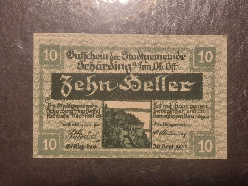 Austrija 10 Hellera 1920 Schärding am Inn aUNC RR