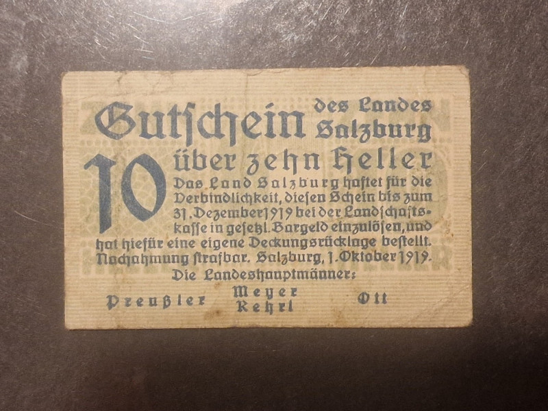 Austrija 10 Hellera 1919 Salzburg RRR