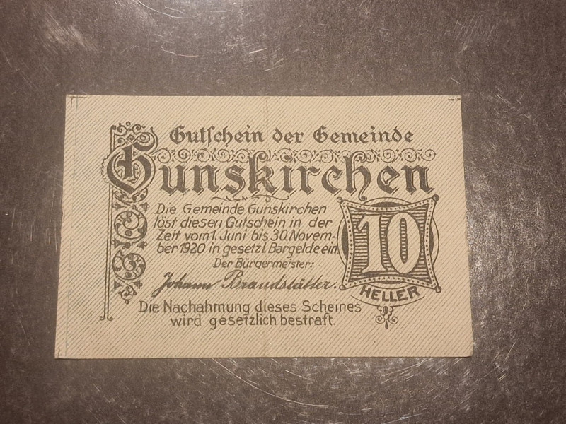 Austrija 10 Hellera 1920 Gunskirchen aUNC RRR