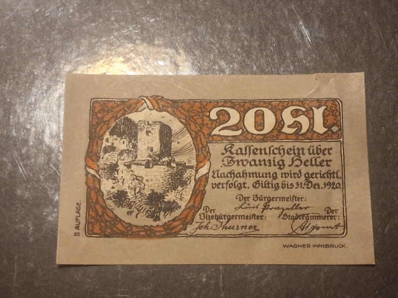 Austrija 20 Hellera 1920 Rattenberg in Tirol