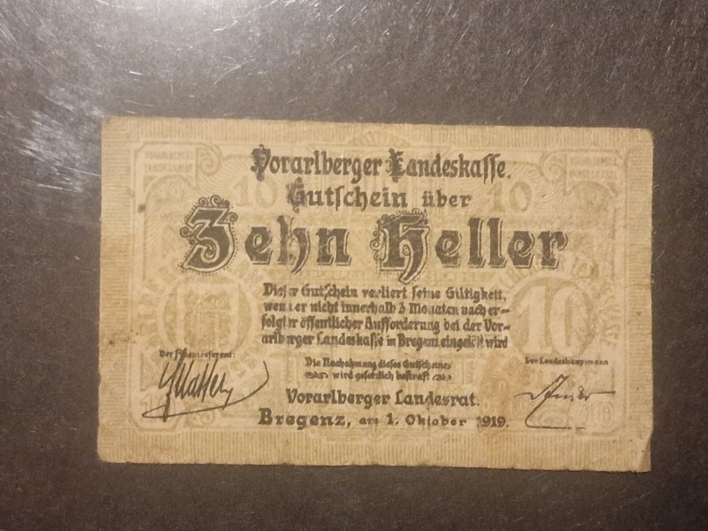 Austrija 10 Hellera 1919 Vorarlberg