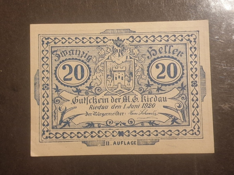 Austrija 20 Hellera 1920 Riedau aUNC RR