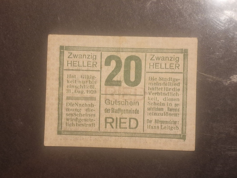 Austrija 20 Hellera 1920 Ried Ređa