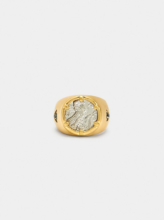 BICOLOR RING WITH COIN AND CRYSTAL