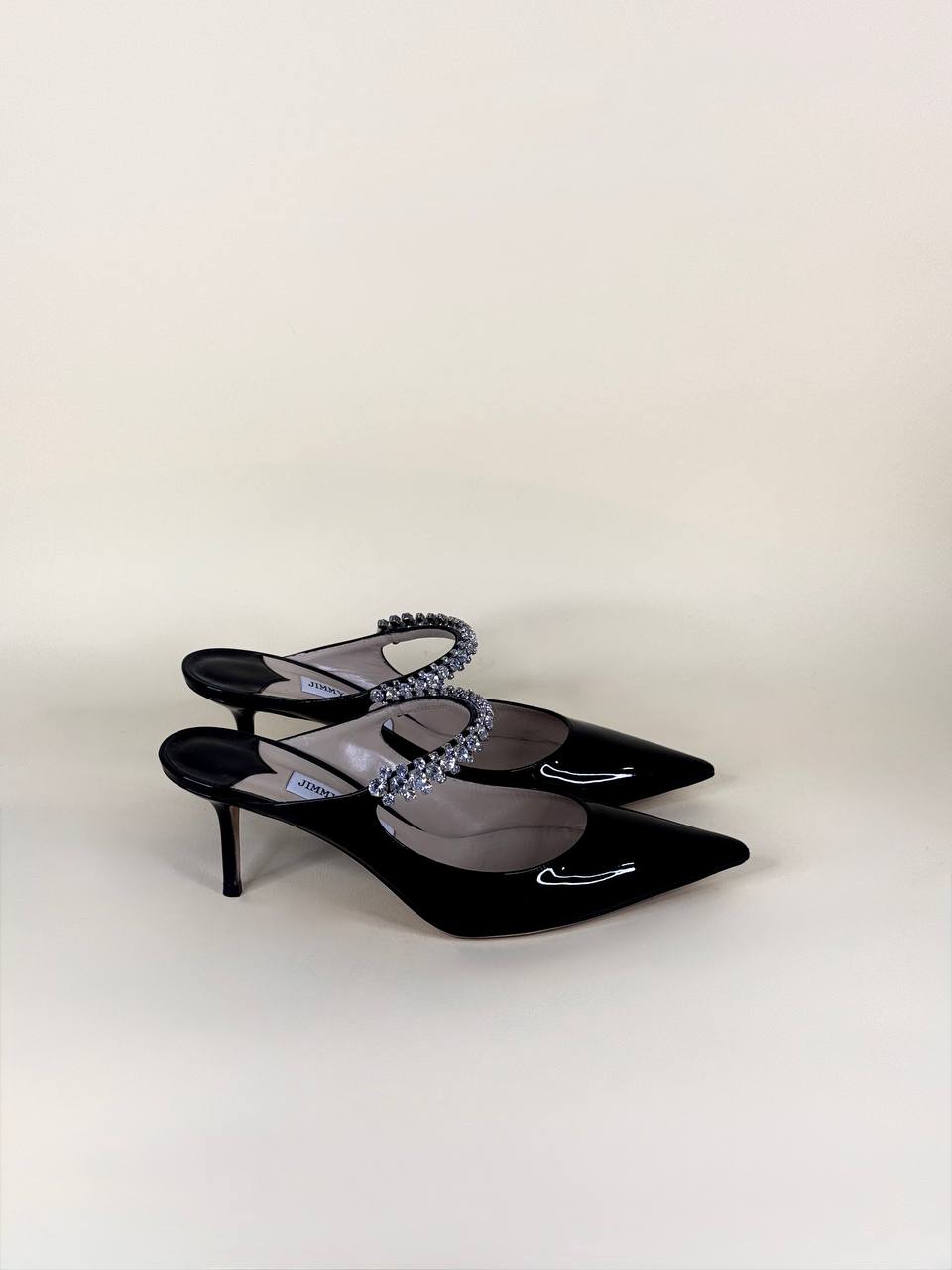JIMMY CHOO Black Patent Leather Mules with Crystal Strap