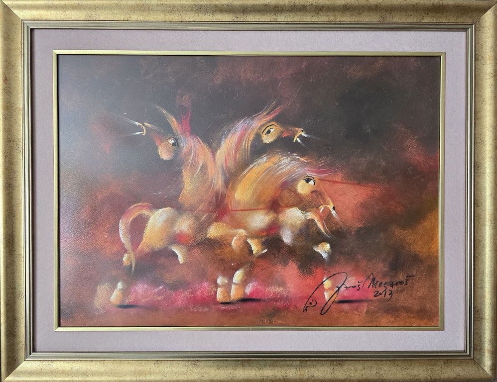 Crveni ples, Janoš Mesaroš, pastel, sa 69×89 cm, bez 50×70 cm, 2013., sertifikat, 82600 dinara