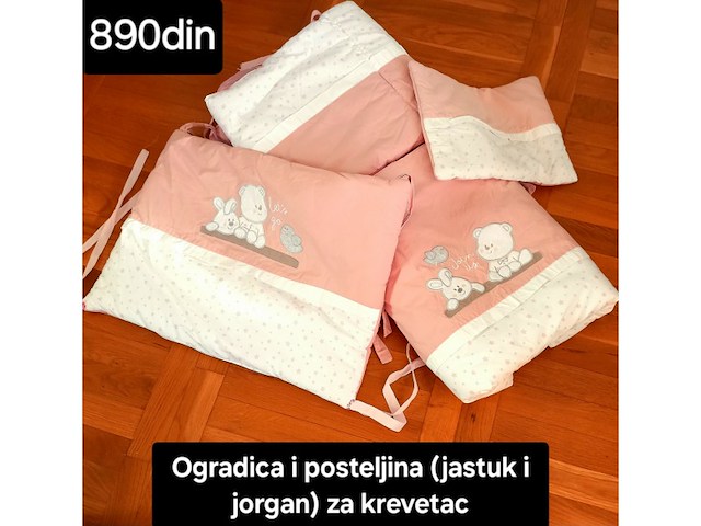 Ogradica i posteljina za krevetac za bebe roze boje