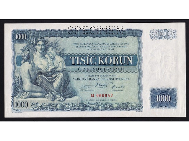 CZECHOSLOVAKIA --- 1000 KORUN 1934 --- a-UNC ---