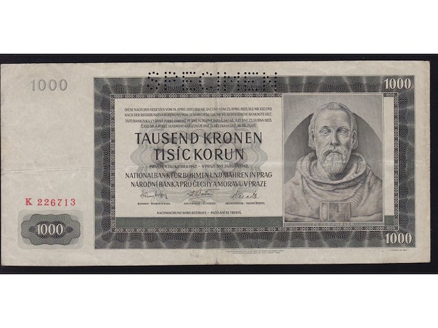 BOHEMIA AND MORAVIA - 1000 KORUN 1942 - SPECIMEN - VF -