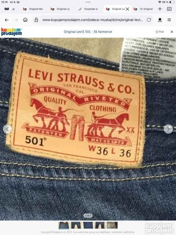 Original LeviS 501 36 farmerice 100% cotton Polustruk 49cm, duzina