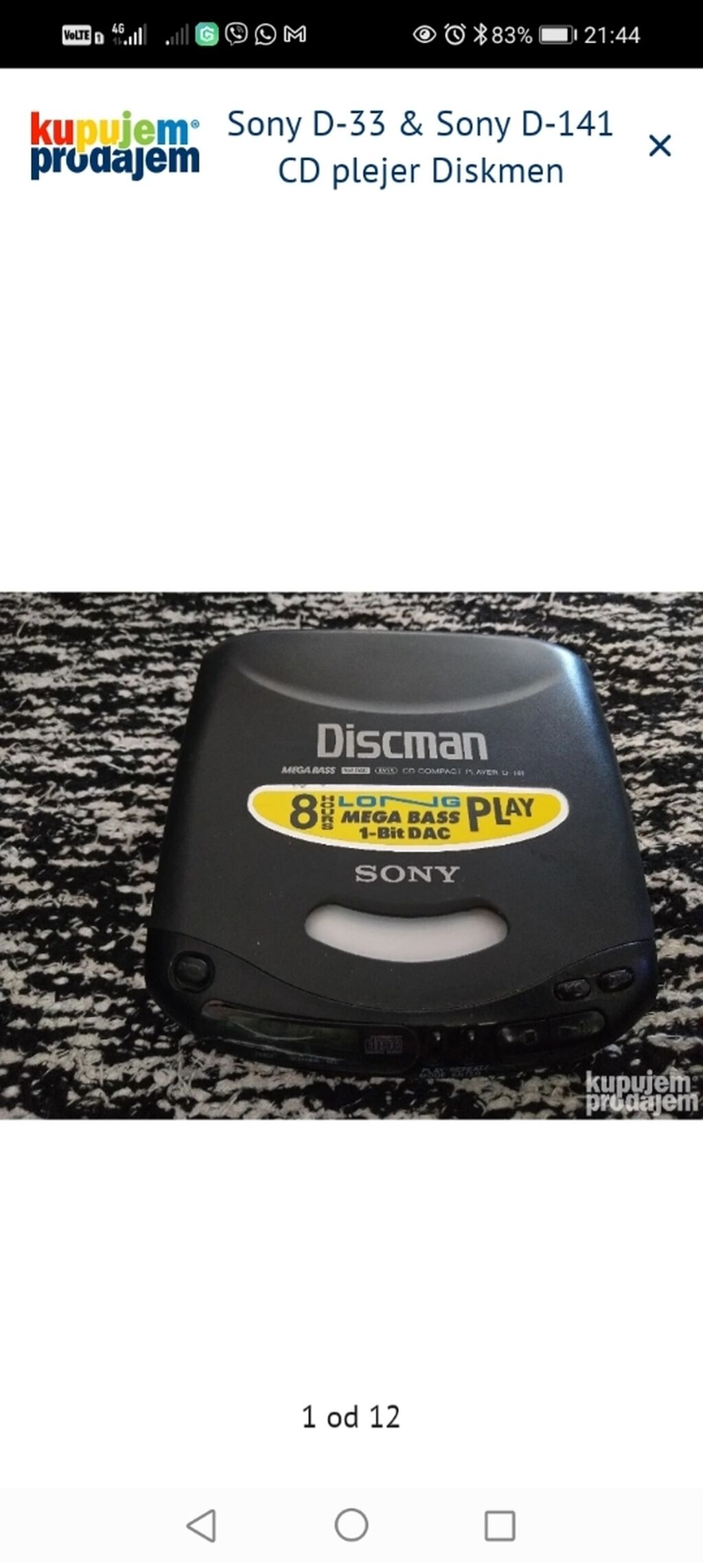 Sony Discman CD plejer – model D-141 (navedeno na poklopcu) -