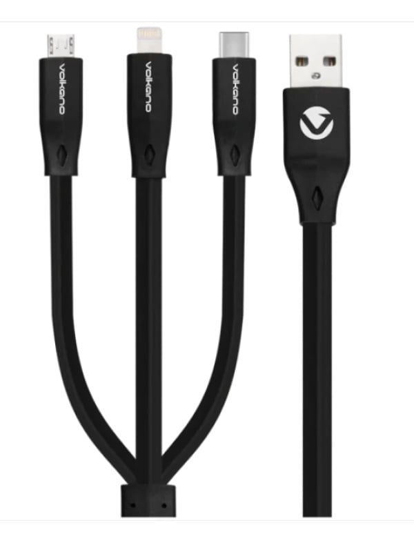 Kabl Volkano VK-20086-BK Slim Series Flat PVC 3-in-1 USB-C/Lightning/Micro