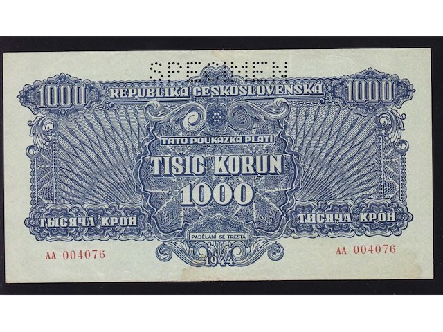 CZECHOSLOVAKIA -- 1000 KORUN 1944 -- SPECIMEN -- XF --