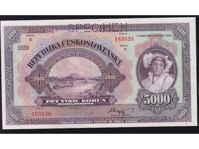 CZECHOSLOVAKIA -- 5000 KORUN 1920 - SPECIMEN - a-UNC -
