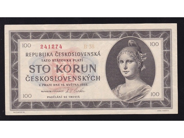 CZECHOSLOVAKIA --- 100  KORUN  1945 ---- XF+ ----
