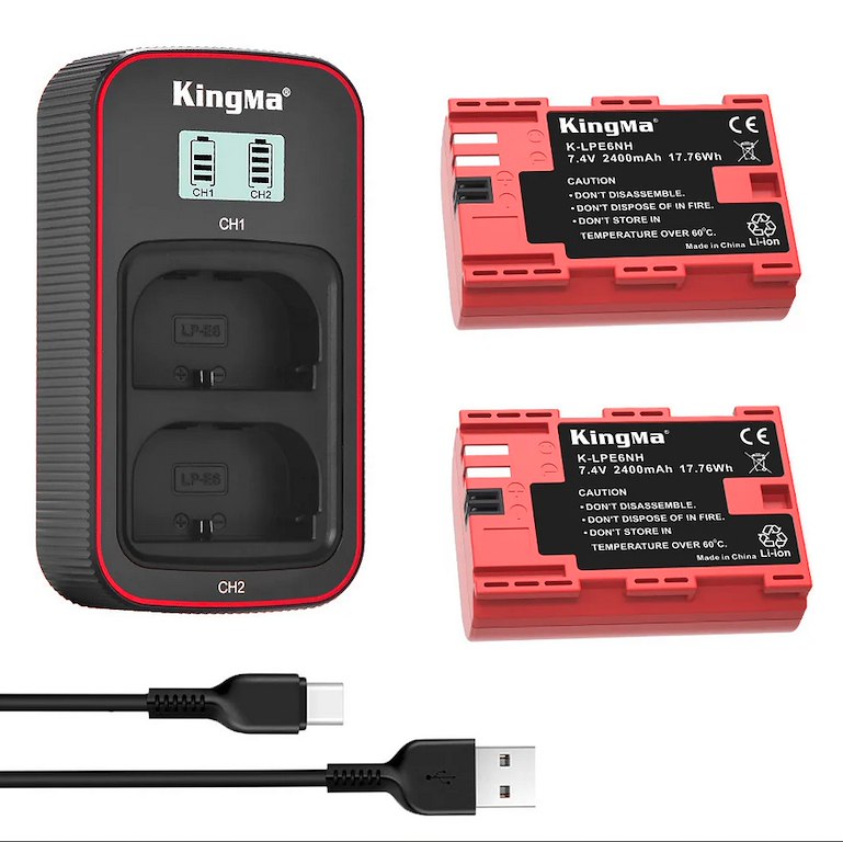 Kingma 2-Pack 2400mAh LP-E6NH dve baterije + Dual LCD Fast USB punjač