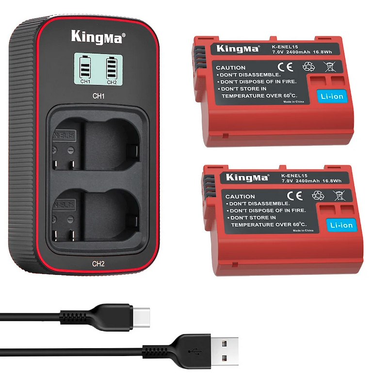 Kingma 2-Pack 2400mAh EN-EL15 dve baterije + Dual LCD Fast USB punjač