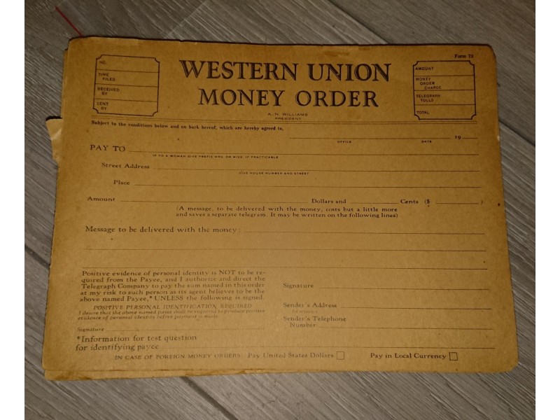 Western Union formular od pre sto godina