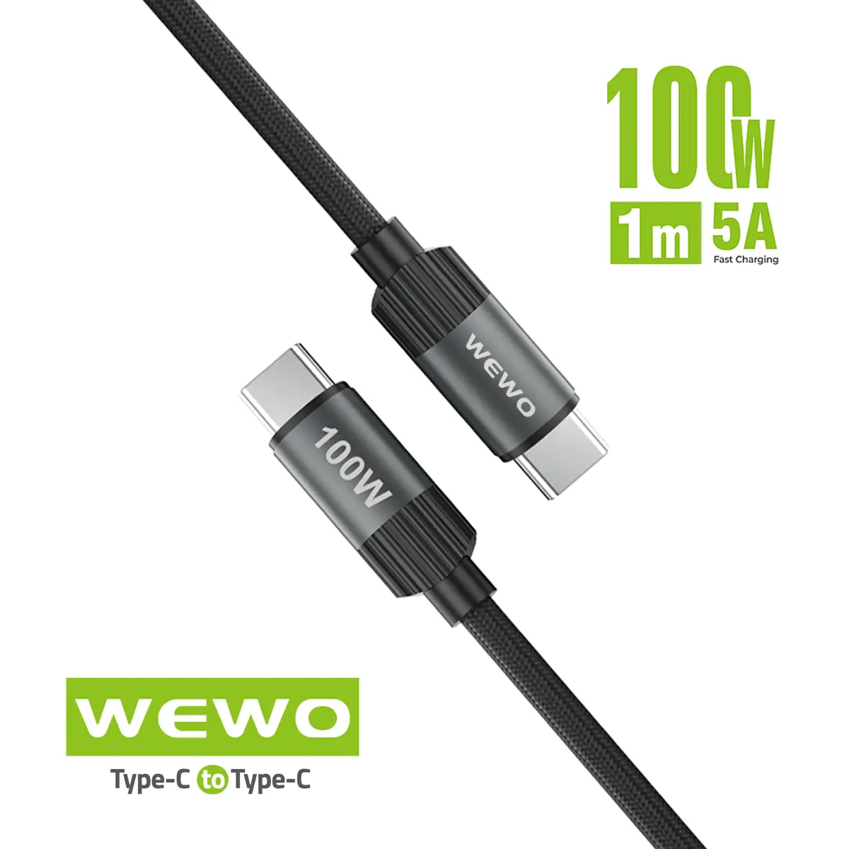 USB Data Cable WEWO X6 textile FAST PD 100W/5A Type C na Type C crni 1m