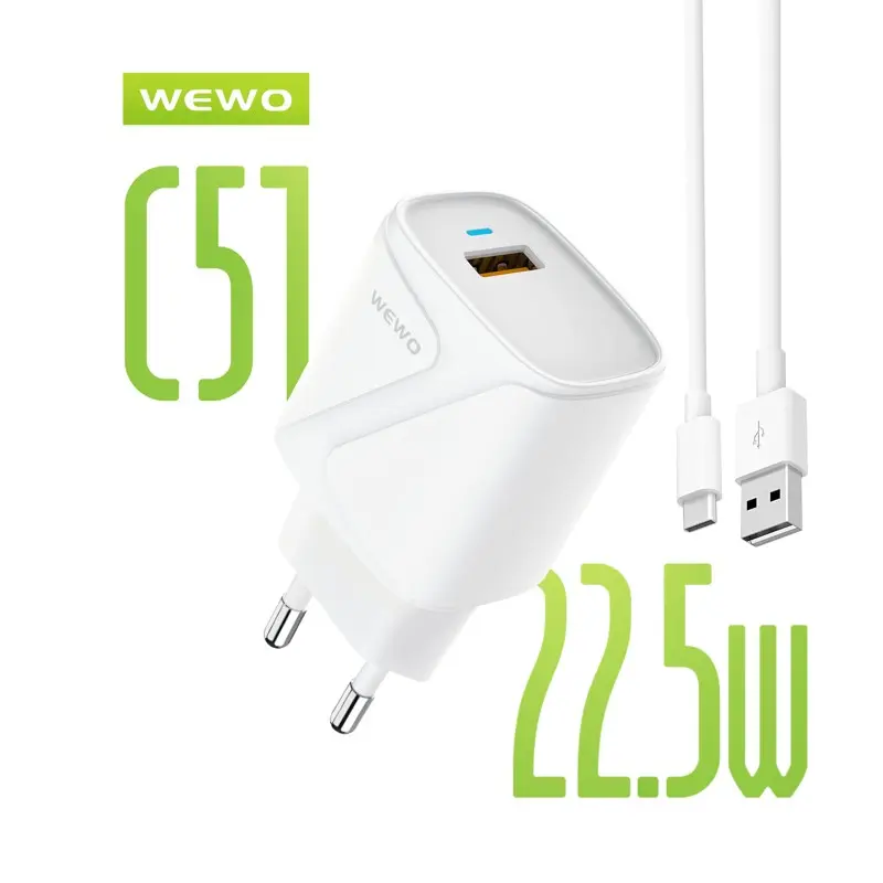 WEWO C51 FAST USB Punjač QC 22.5W/3A + Type-C USB data kabel (beli)