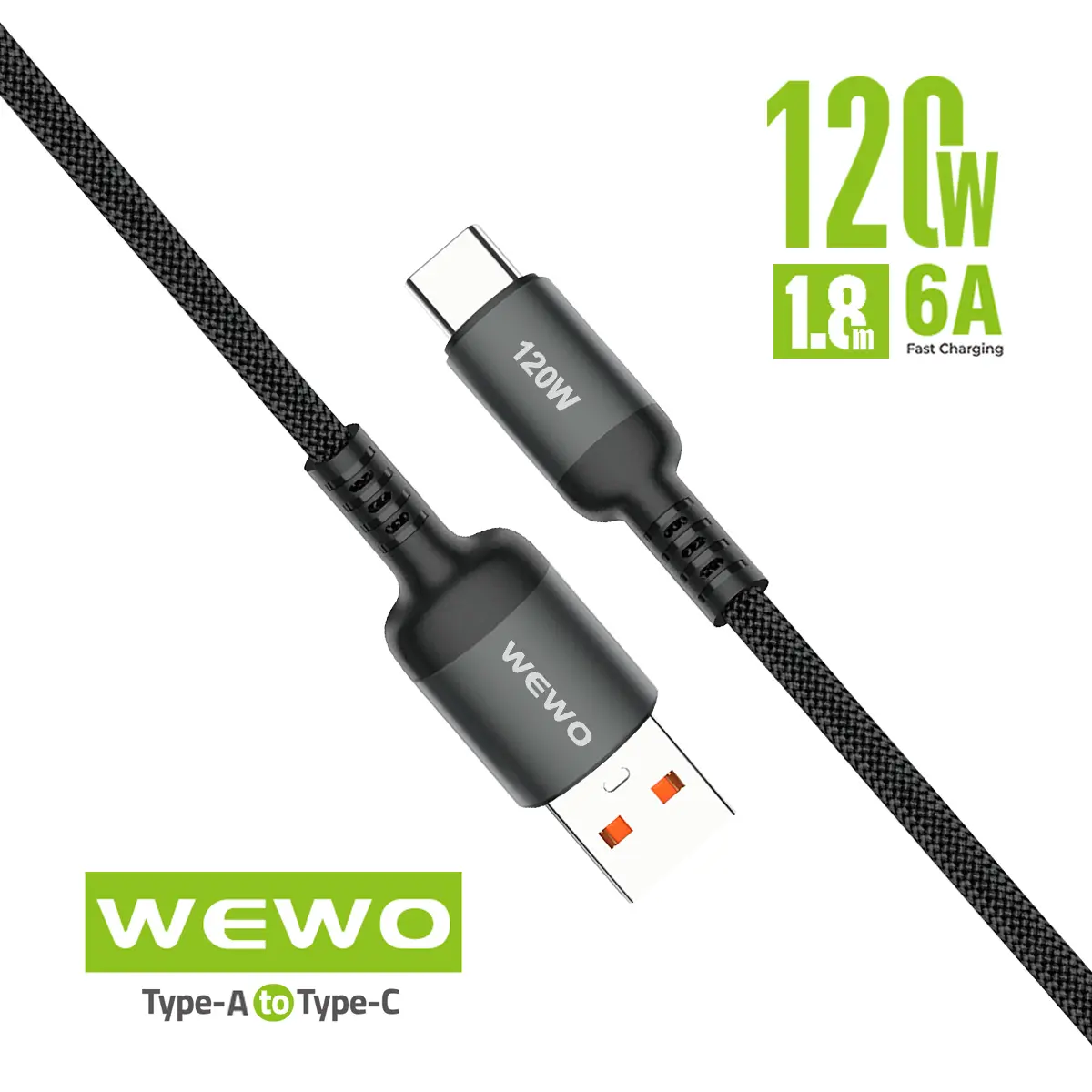 USB Data Cable WEWO CA-18 textile FAST 120W/6A Type C crni 1.8m