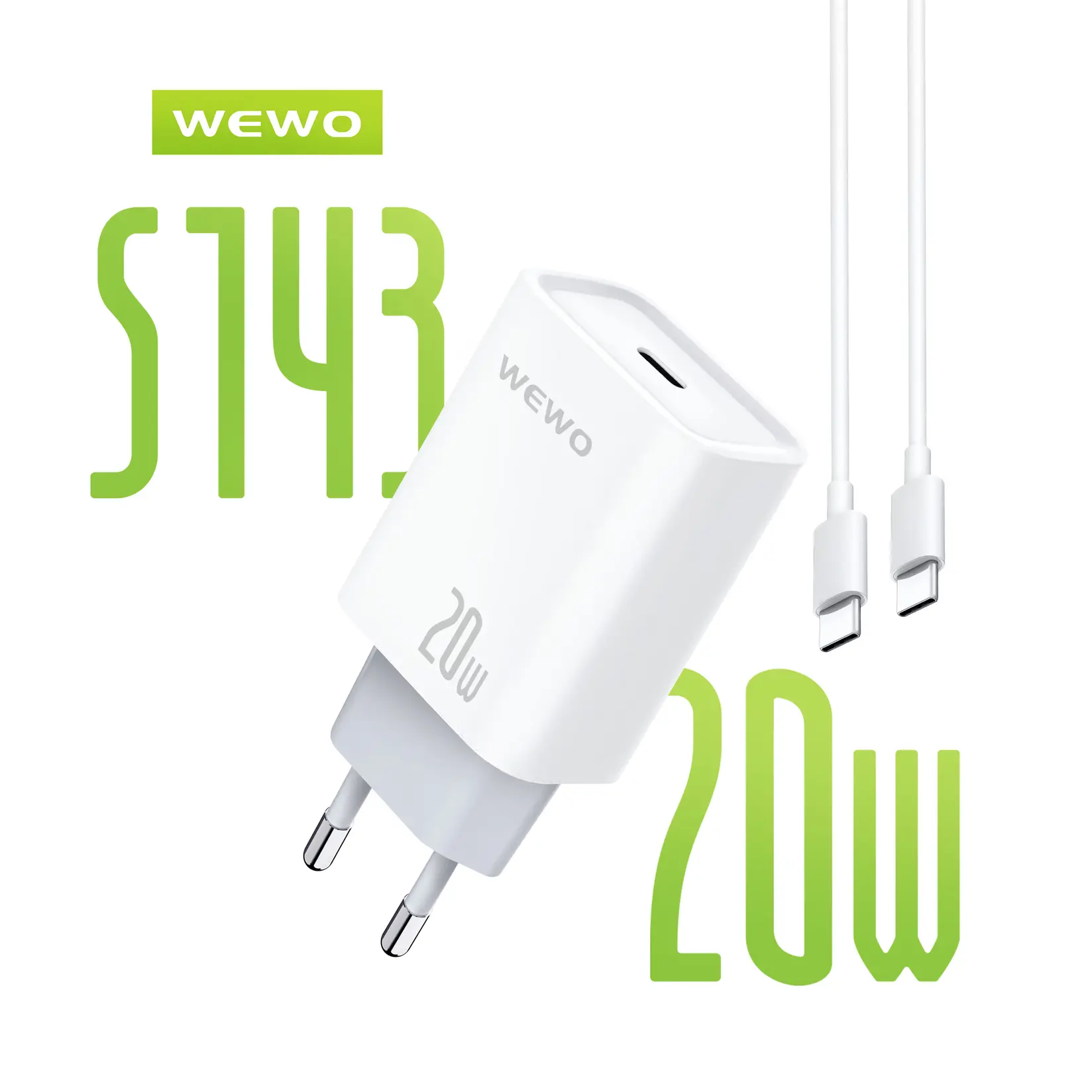 WEWO S143 FAST PD Punjač 20W/3A + Type-C na Type-C data kabel (beli)