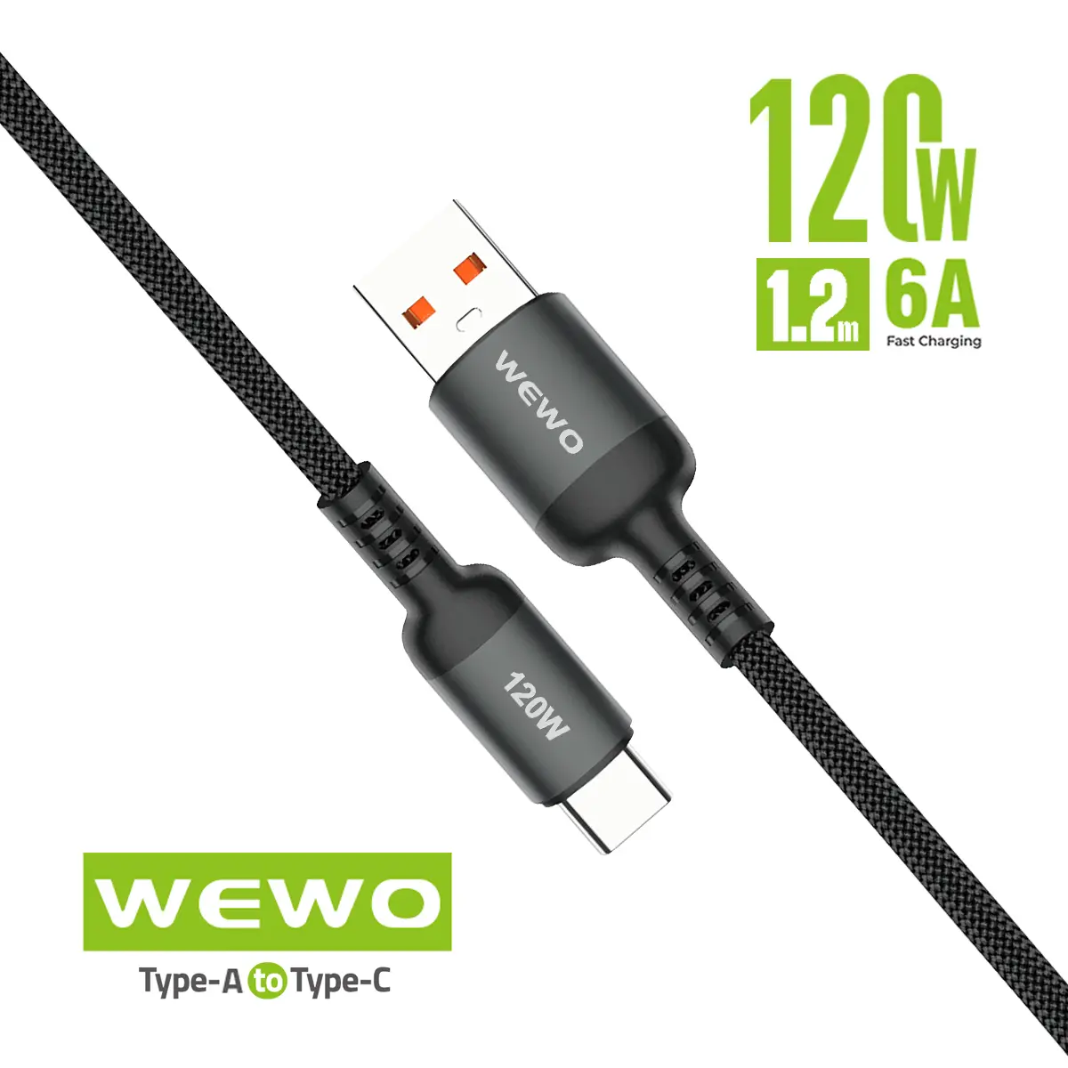 USB Data Cable WEWO CA-12 textile FAST 120W/6A Type C crni 1.2m