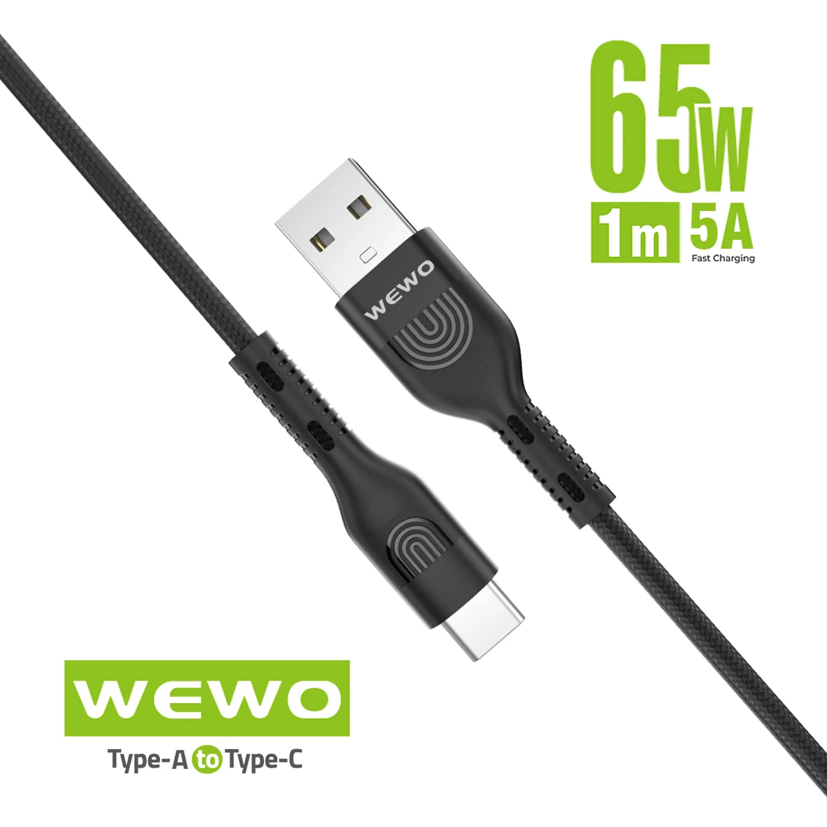 USB Data Cable WEWO CA-46 textile FAST 65W/5A Type C crni 1m