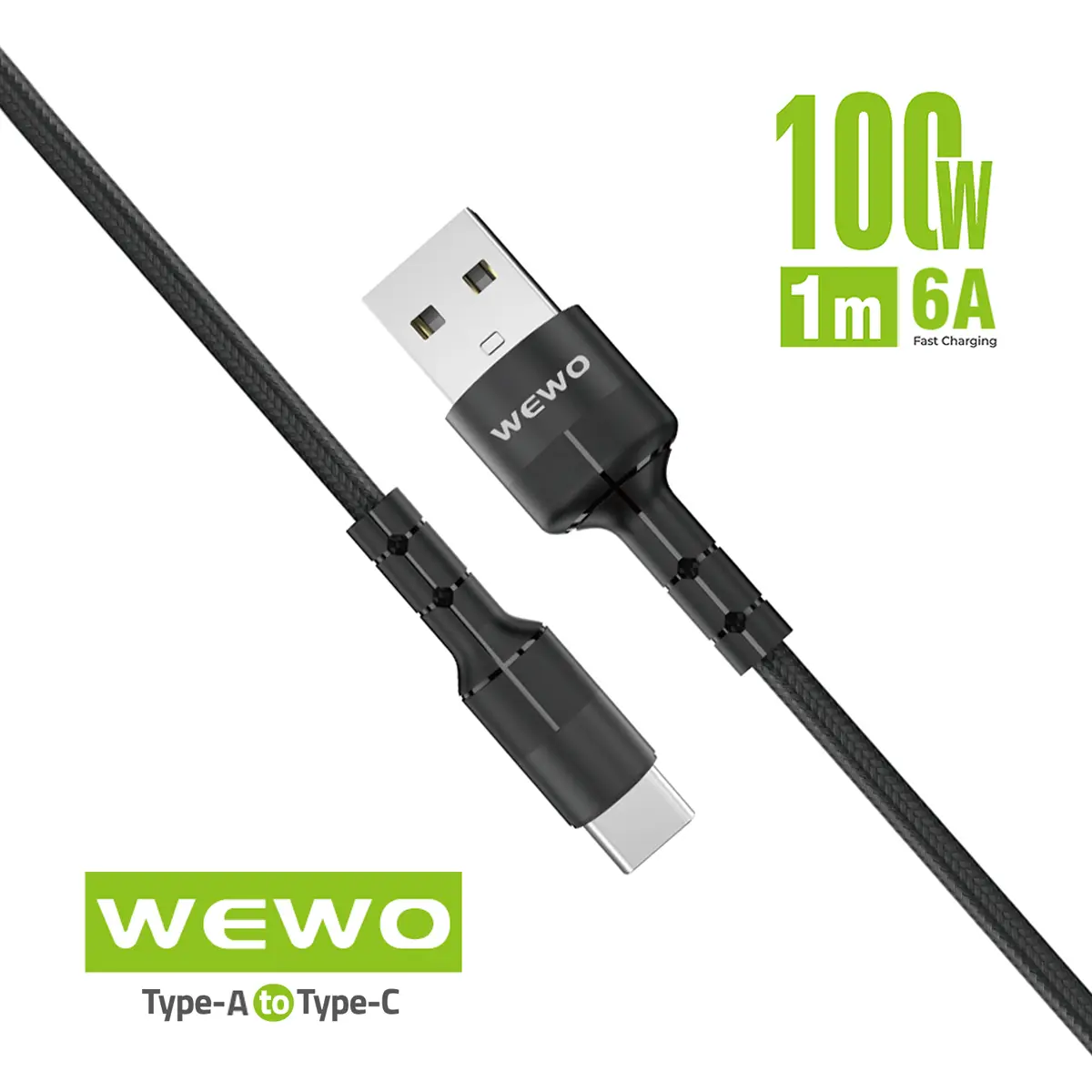 USB Data Cable WEWO CA-08 textile FAST 100W/6A Type C crni 1m