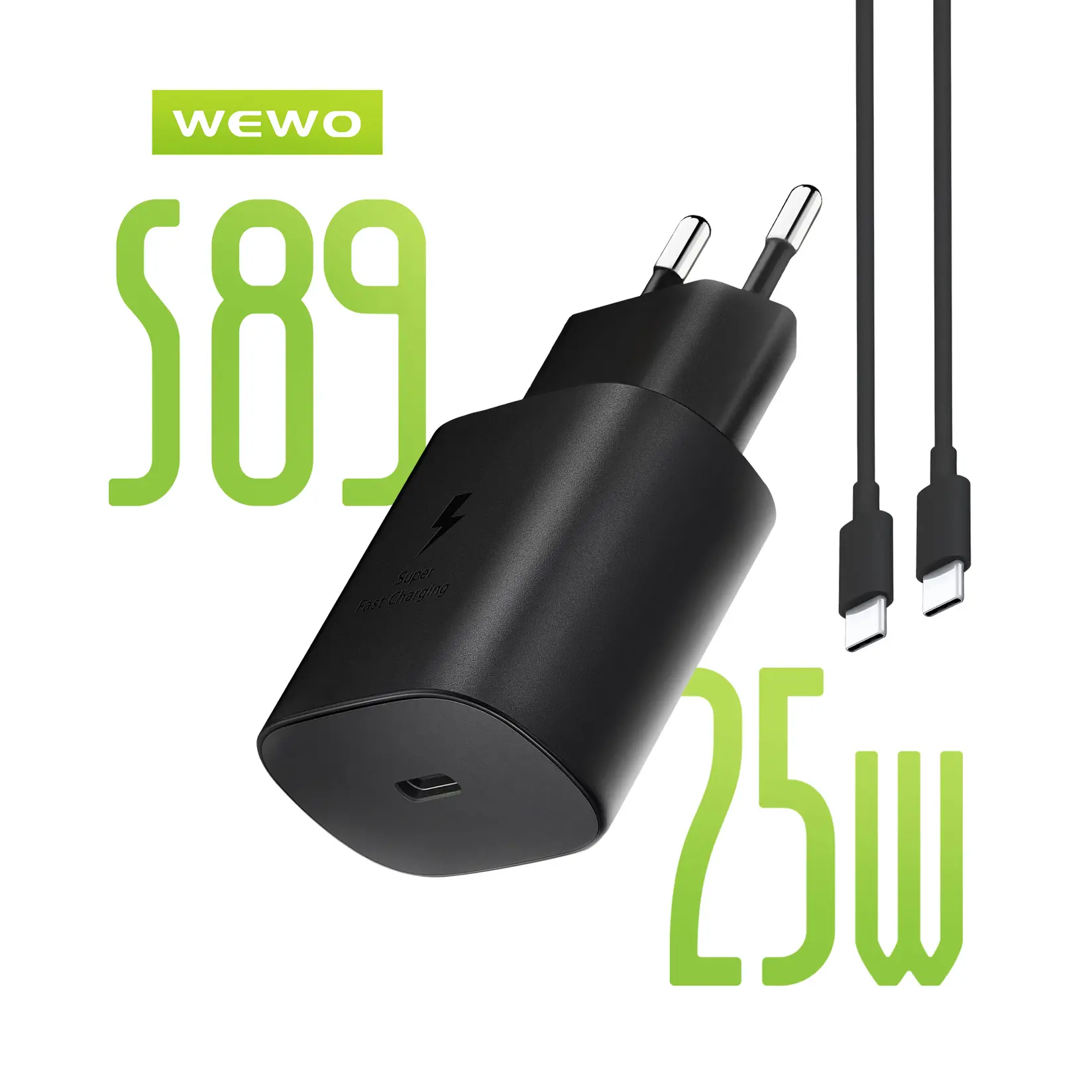 Wewo S89 Punjač SUPER FAST, PD 25W/3A, Type-C na Type-C, Crni