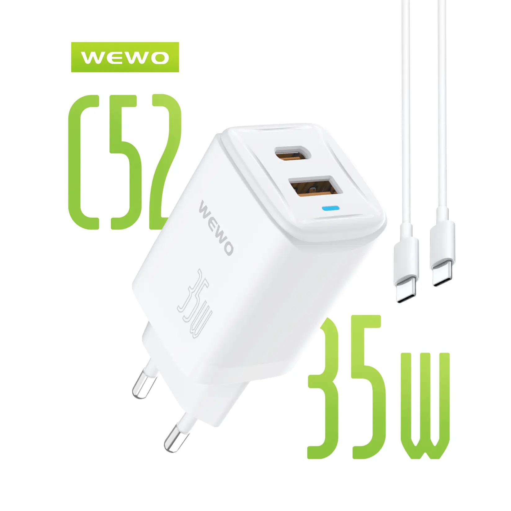 WEWO C52 SUPER FAST PD+USB Punjač QC 35W/3A + Type-C na Type-C data kabel (beli)
