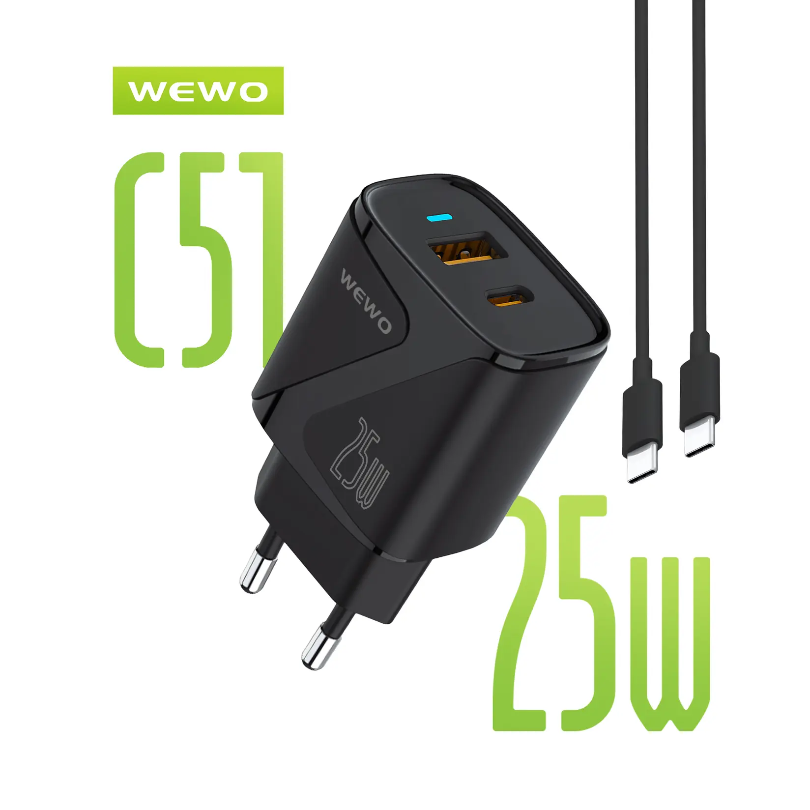 WEWO C51 SUPER FAST PD+USB Punjač QC 25W/3A + Type-C na Type-C data kabel (crni)