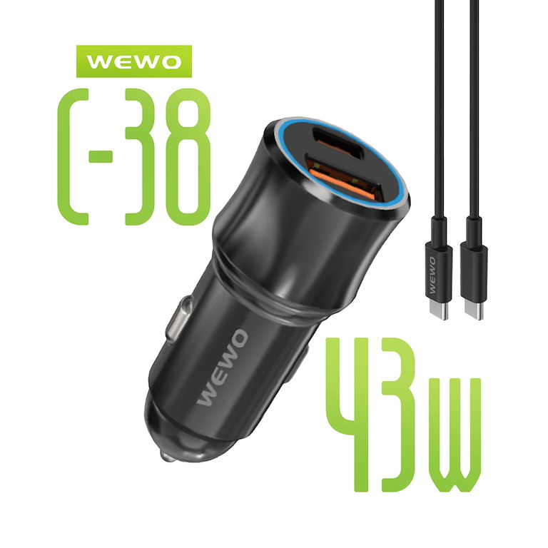 WEWO C-38 AUTO Punjač PD + USB (43W/3A) sa Type C na Type C kablom (crni)