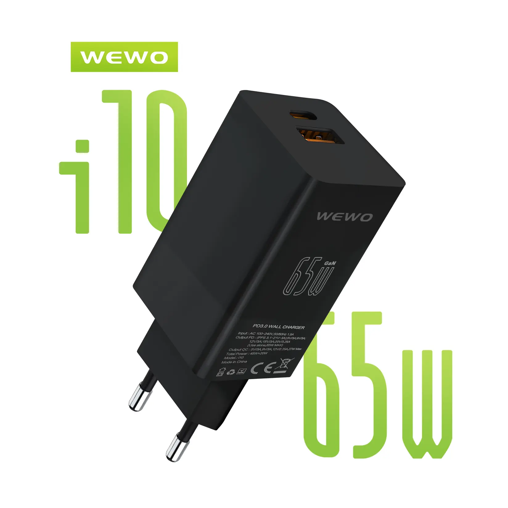 WEWO i10 PD+USB Type-C Punjač QC 65W/3A crni