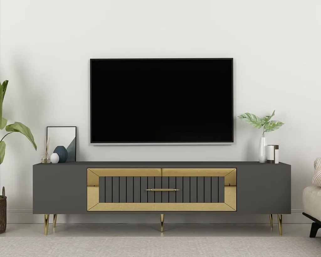 Hanah Home TV Komoda Dekolp3, 150x48,2x29,6 cm, Antracit-Zlatne boje