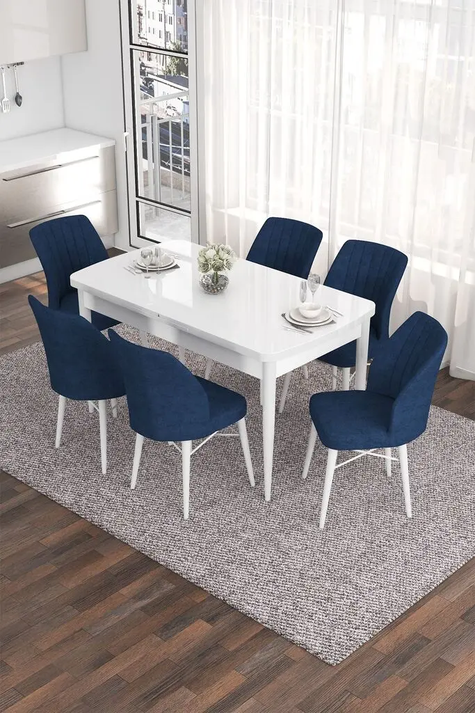 Hanah Home Set Trpezarijski sto i 6 stolica Eva, Plavo-beli