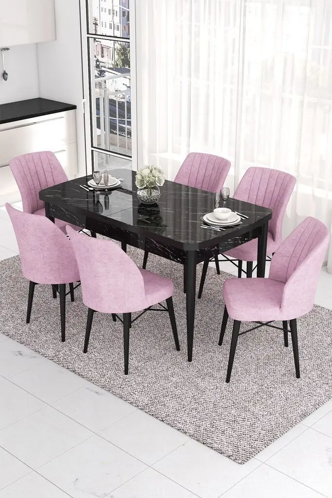 Hanah Home Set Trpezarijski sto i 6 stolica Eva, Roze-crni