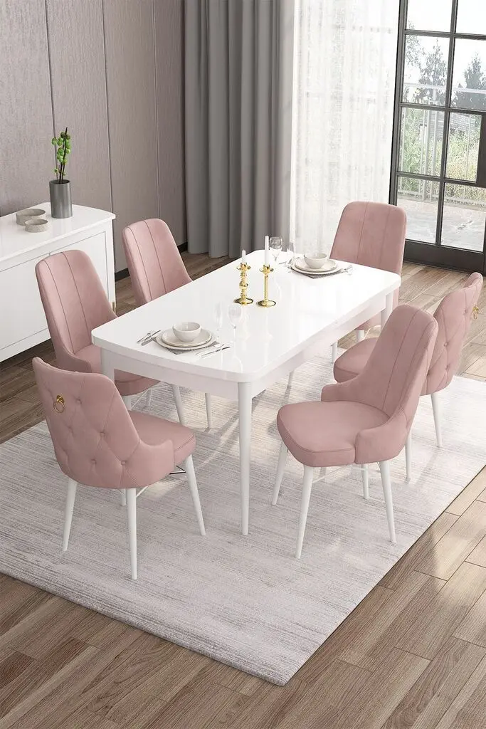 Hanah Home Set Trpezarijski sto i 6 stolica Are, Roze-beli