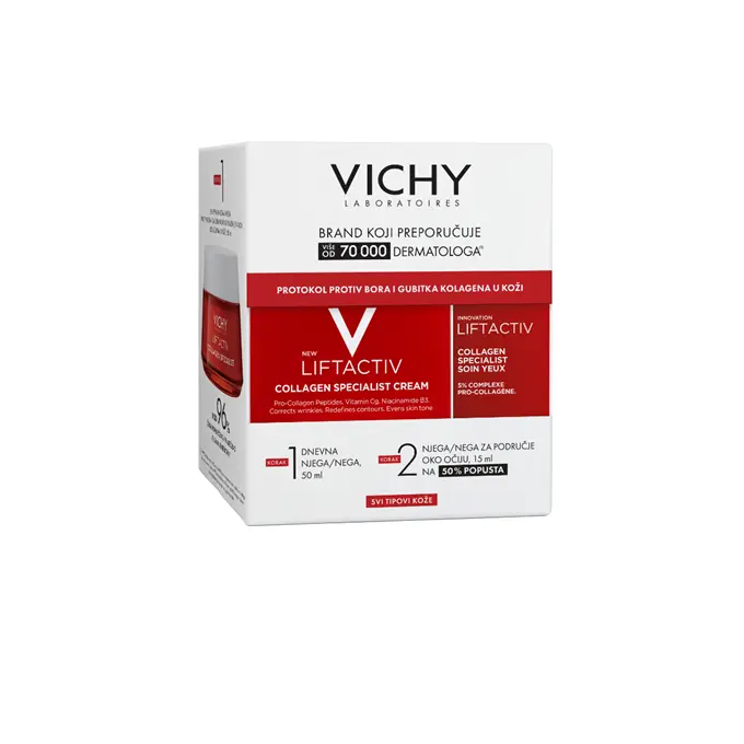 Vichy Set dnevne nege za lice protiv bora Dnevna krema Liftactiv Collagen 50ml + Nega za područje oko očiju 15ml