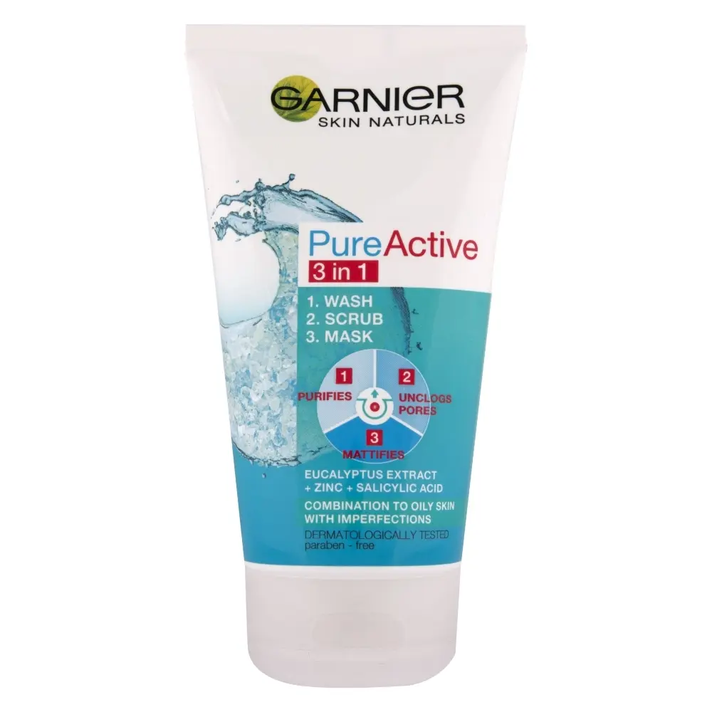 GARNIER Gel za čišćenje lica + piling + maska Skin Naturals Pure Active 3u1 150 ml