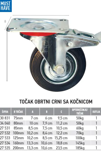 FF Točak obrtni sa kočnicom 200mm