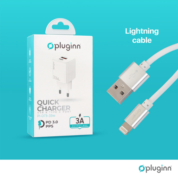Kućni punjač Pluginn PI-D73-33w, QC3.0 PD3.0, PPS, USB-PD 20W+33W, 53W (total) sa kablom USB na iPhone Lightning beli