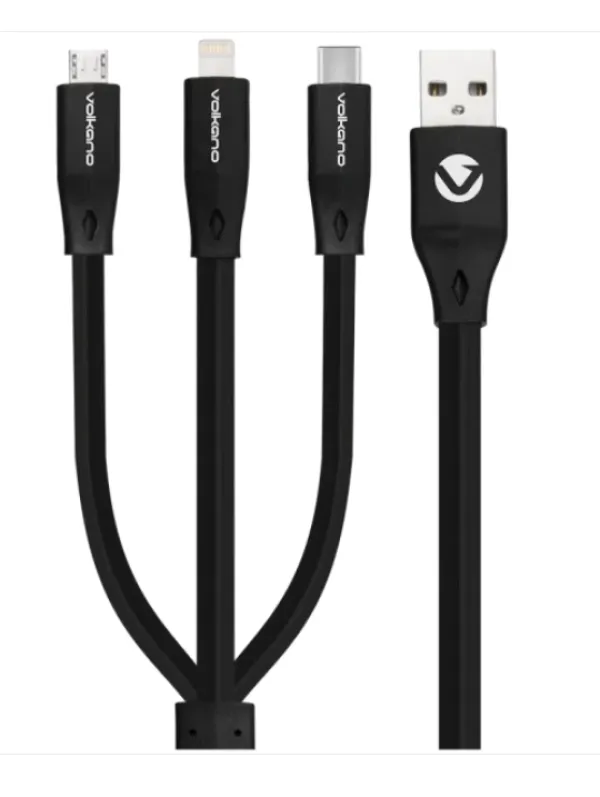 Kabl Volkano VK-20086-BK Slim Series Flat PVC 3-in-1 USB-C/Lightning/Micro
