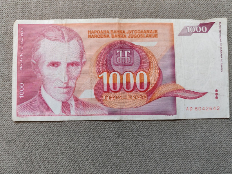 Novčanica 1000 dinara 1992. Nikola Tesla