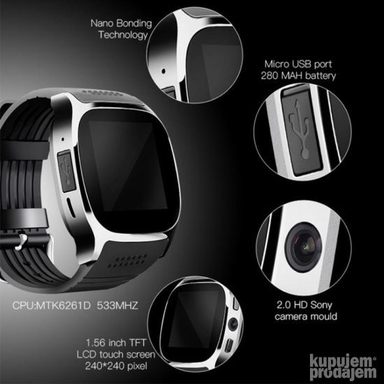 Smart Watch T8 Pametan Sat SIM-Kamera Crni
