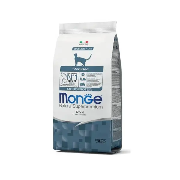 MONGE Suva hrana za odrasle sterilisane mačke, monoprotein pastrmka 1.5kg
