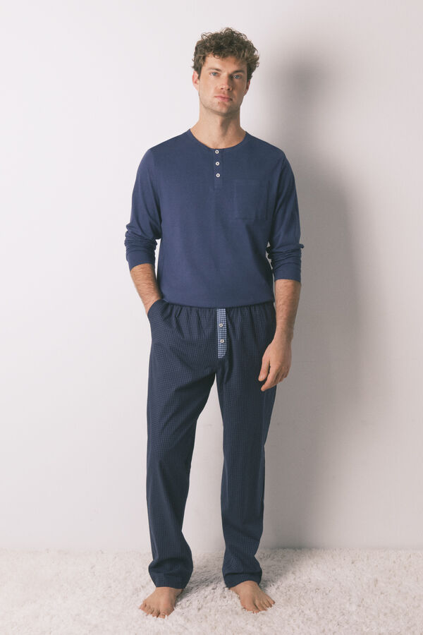 Herren langer Pyjama, 100% Baumwolle, blau kariert